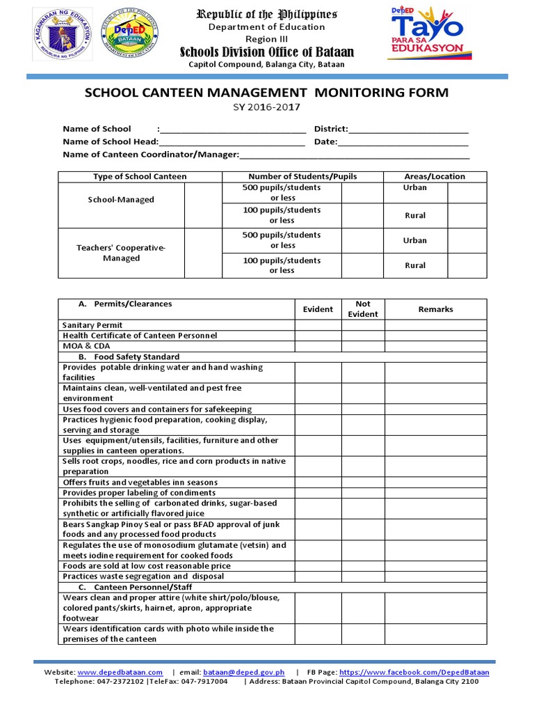 School Canteen Management Monitoring Form: Schools Division Office of ...