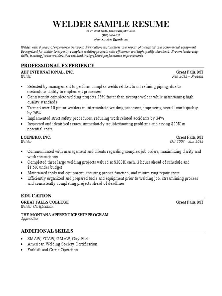 Welder Sample Resume: Professional Experience | PDF | Welding ...