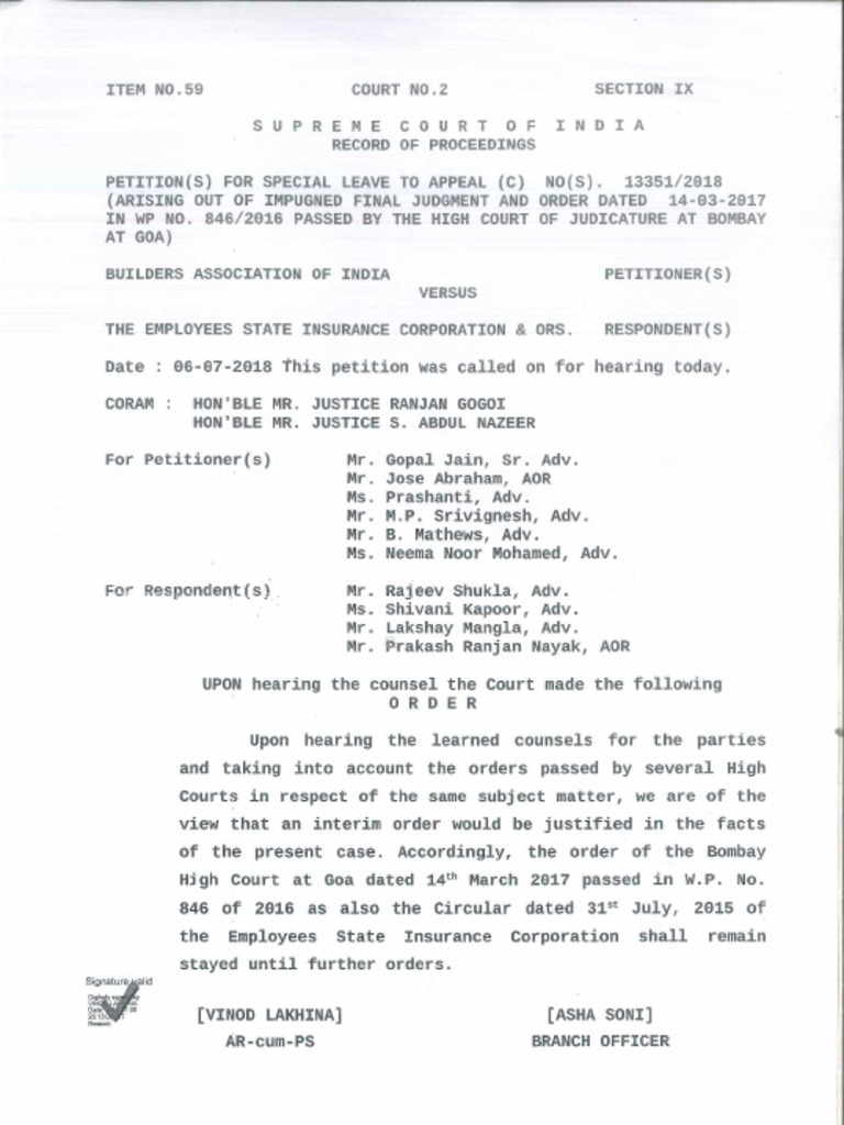 Supreme Court ESI Stay Order | PDF