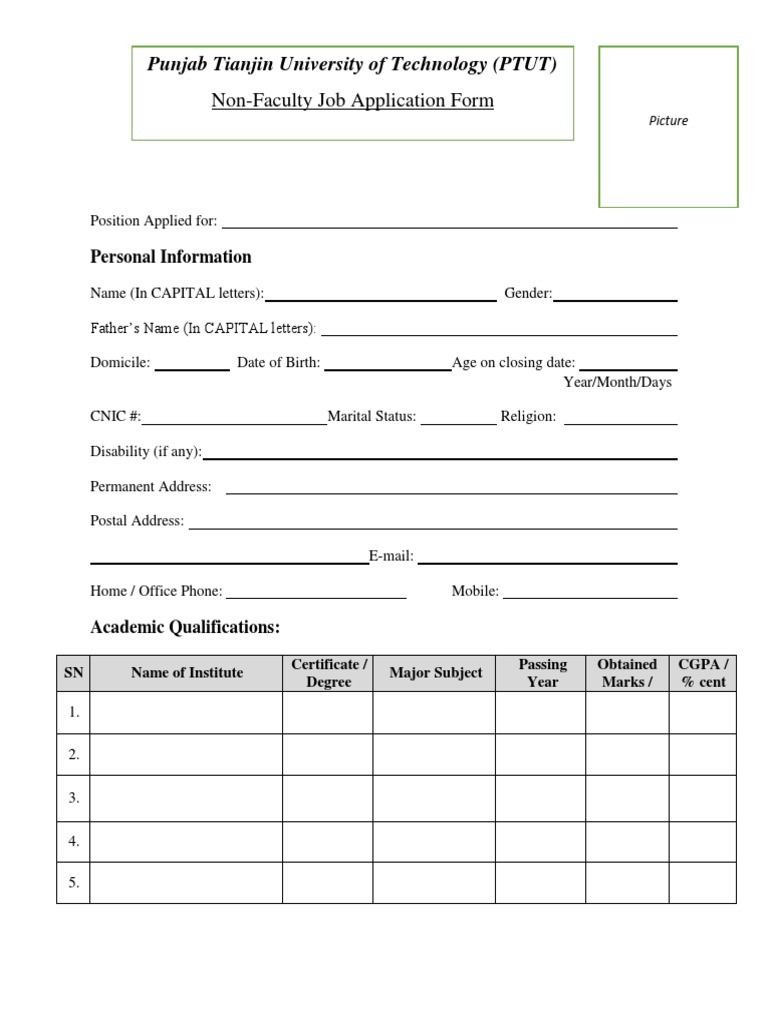 PTUT Non-Faculty Job Application Form | PDF