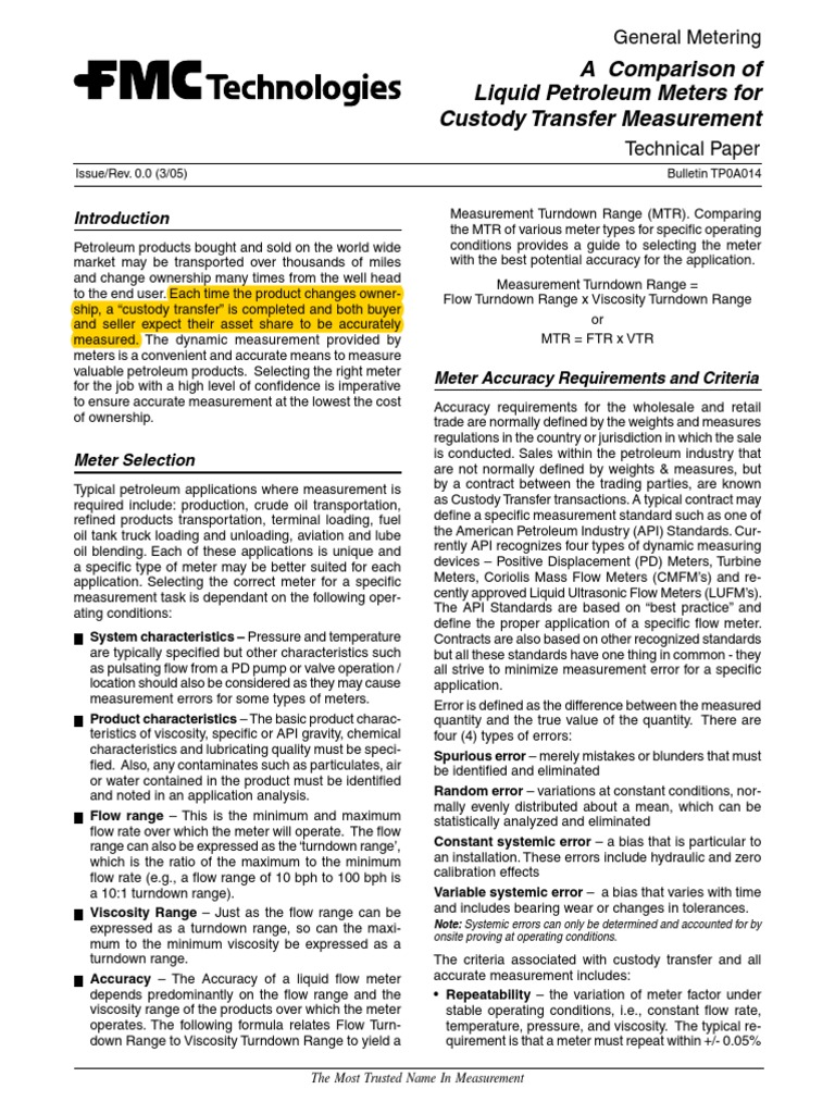 FMC - A Comparison of Liquid Petroleum Meters For Custody Transfer ...