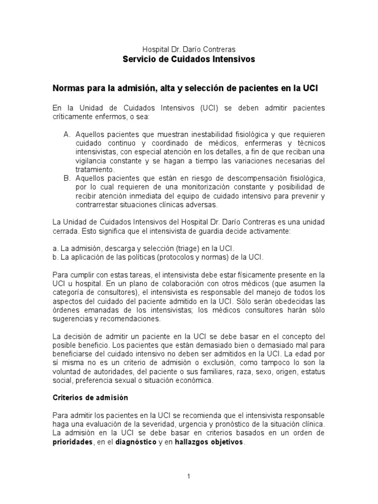 Normas Uci | PDF | Medicina de Cuidados Intensivos | Unidad de Cuidados Intensivos