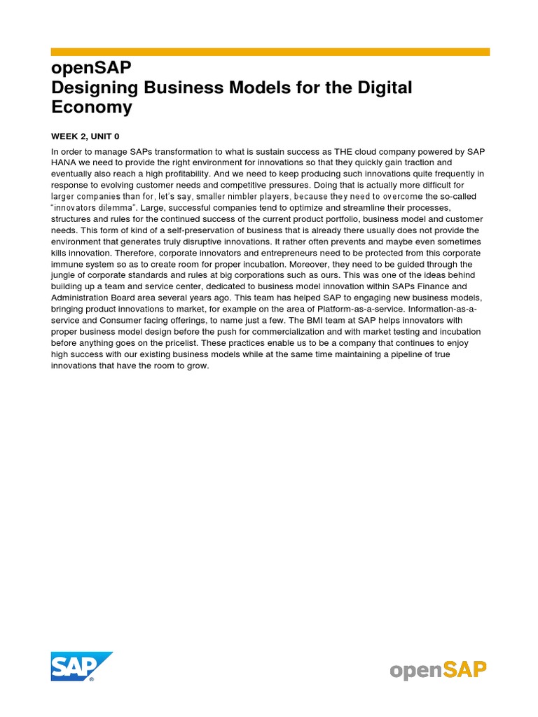 OpenSAP Bmi1 Week 2 Transcript | PDF | Business Model | Innovation