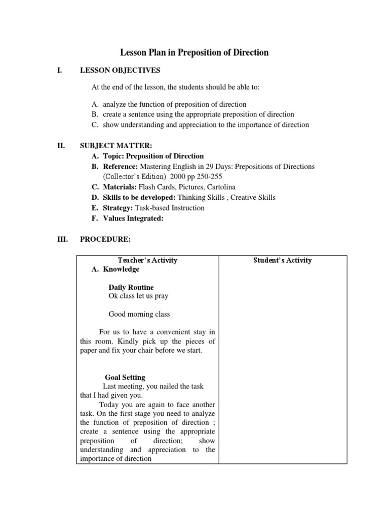 Lesson Plan in Preposition of Direction | PDF | Part Of Speech ...