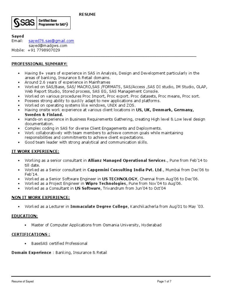 Sample CV Sas | PDF | Sas (Software) | Databases