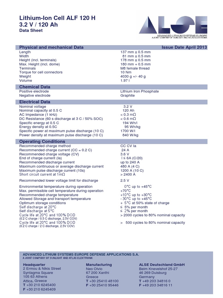 Alse Alf 120h Data Sheet | PDF | Lithium Ion Battery | Electric Power