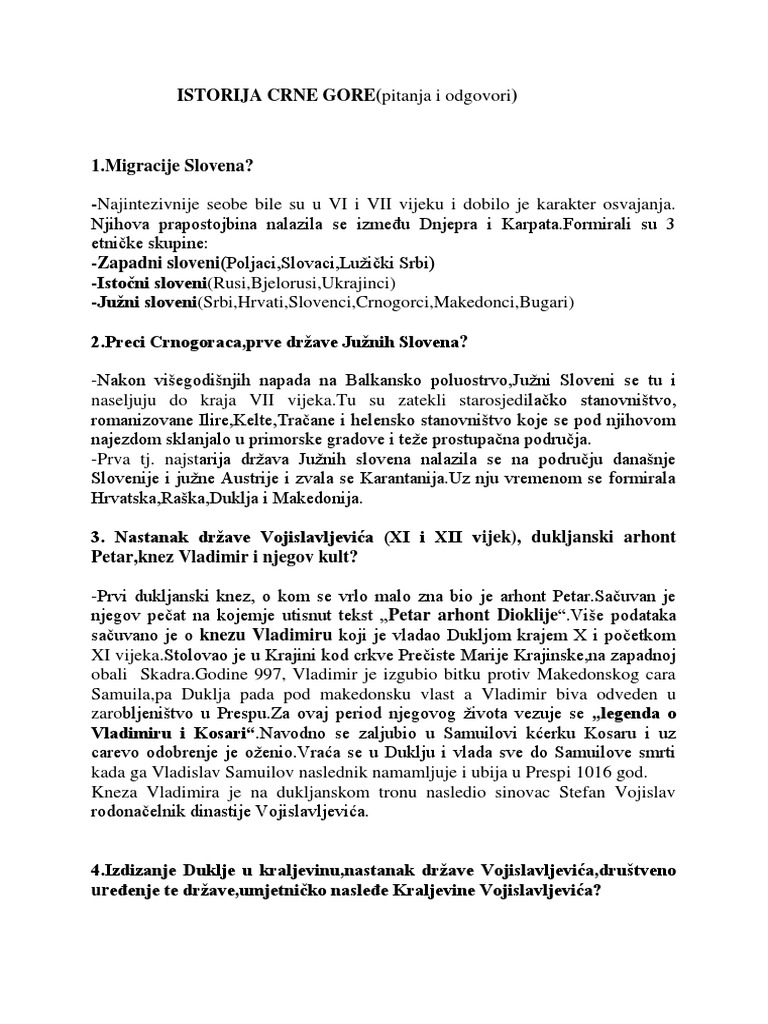 ISTORIJA CRNE GORE Pitanja I Odgovori | PDF