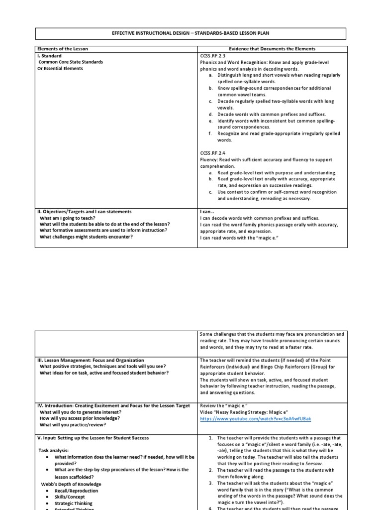 Effective Instructional Design - Standards-Based Lesson Plan | Download ...