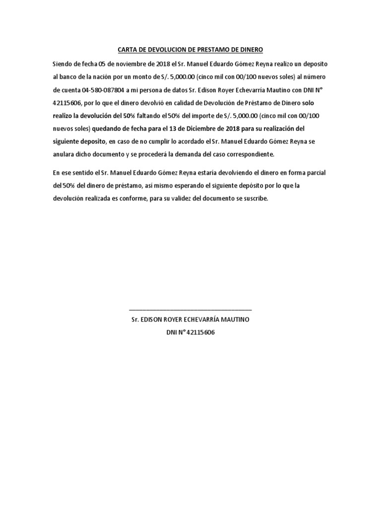 Carta de Devolucion de Prestamo de Dinero | PDF