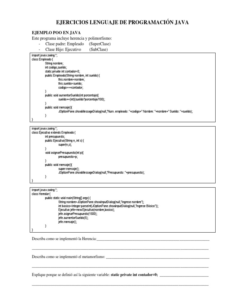 Ejercicios Lenguaje de Programación Java | PDF | Herencia (Programación ...