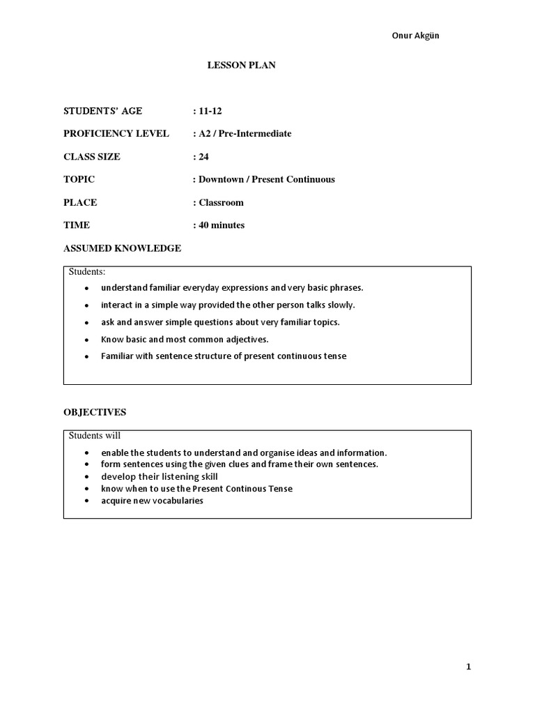 Onur AKGUN - 6th Grade Present Continuous Lesson Plan - ELE 403 | PDF | Lesson Plan | Cognition