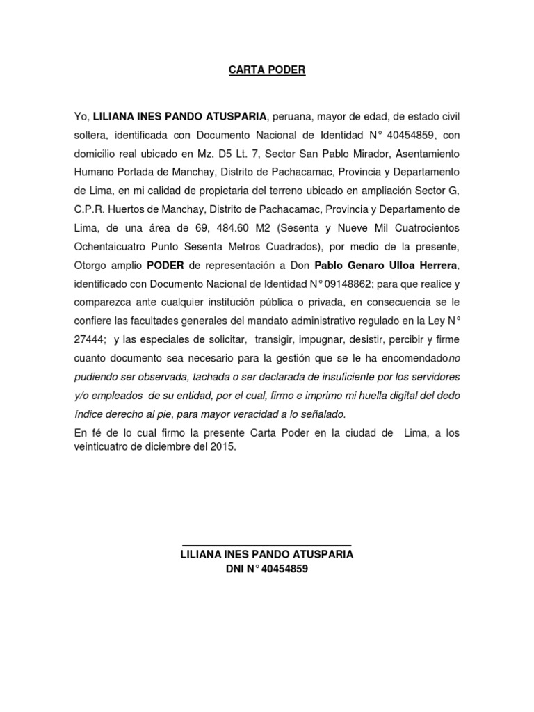 Carta Poder Acreditando a Un Representante Legal | Gobierno | Política ...