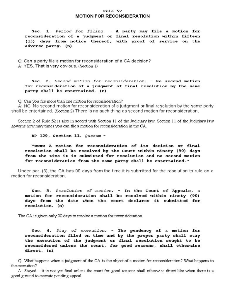Rule 52 - Motion For Recon | PDF | Judgment (Law) | Separation Of Powers