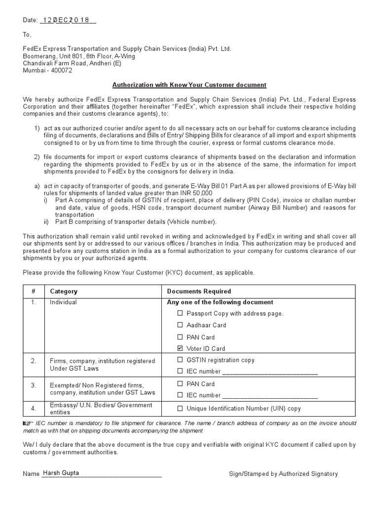 Authorization Letter for Customs Clearance and Know Your Customer ...