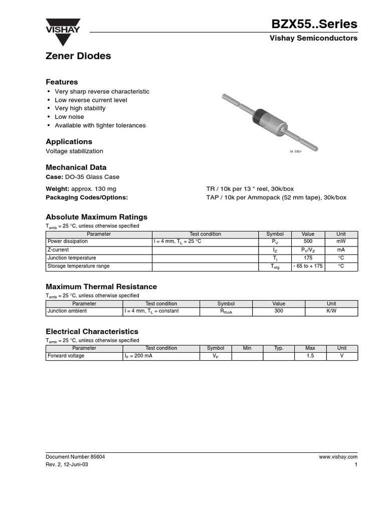 BZX55..Series: Zener Diodes | PDF | Diode | Electrical Resistance And ...