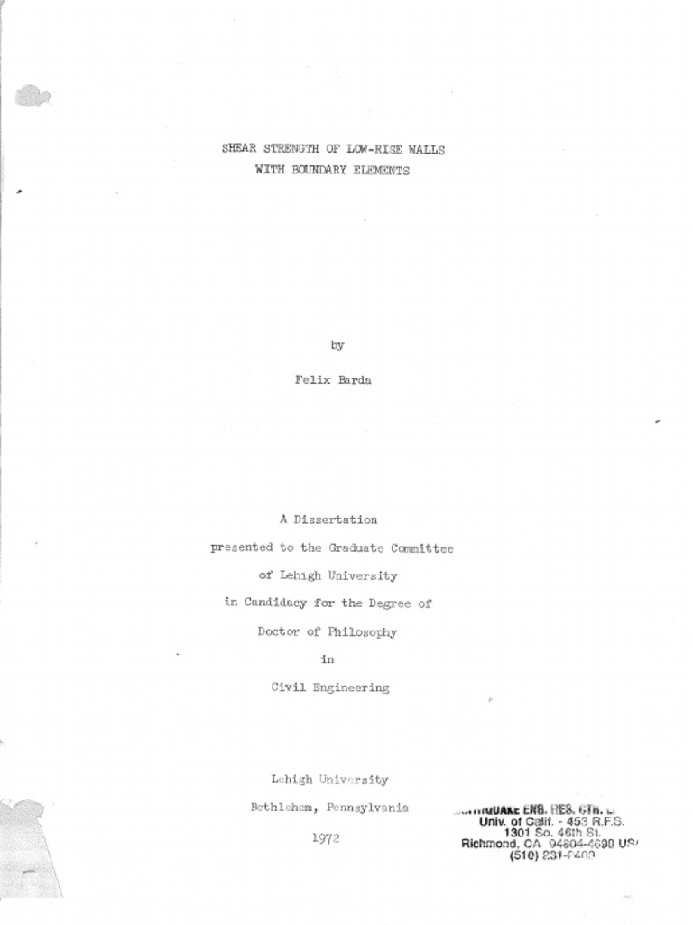 FELIX BARDA PHD Dissertation: SHEAR STRENGTH OF LOW RISE WALLS WITH ...