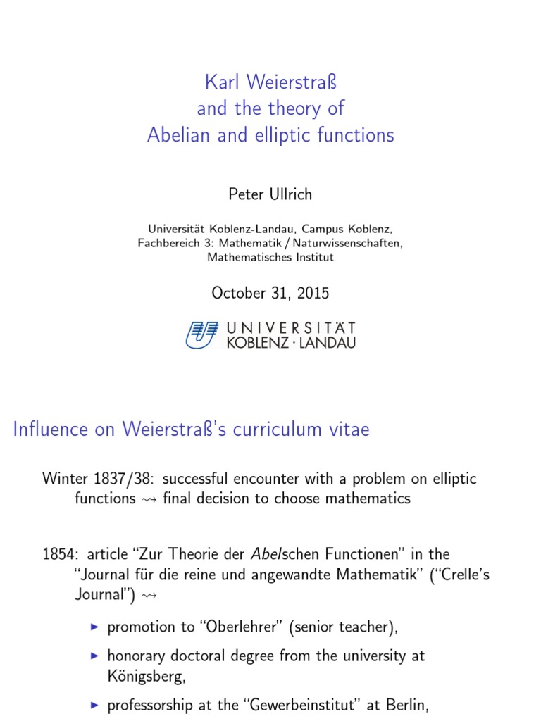 Karl Weierstraß and The Theory of Abelian and Elliptic Functions | PDF ...