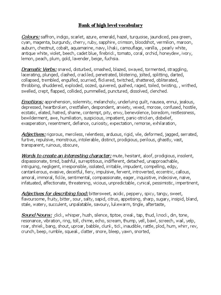High-Level Vocabulary Bank | PDF