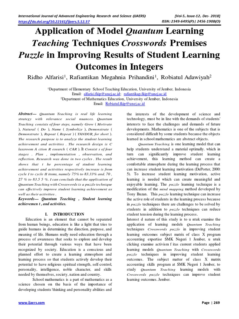 Application of Model Quantum Learning Teaching Techniques Crosswords ...