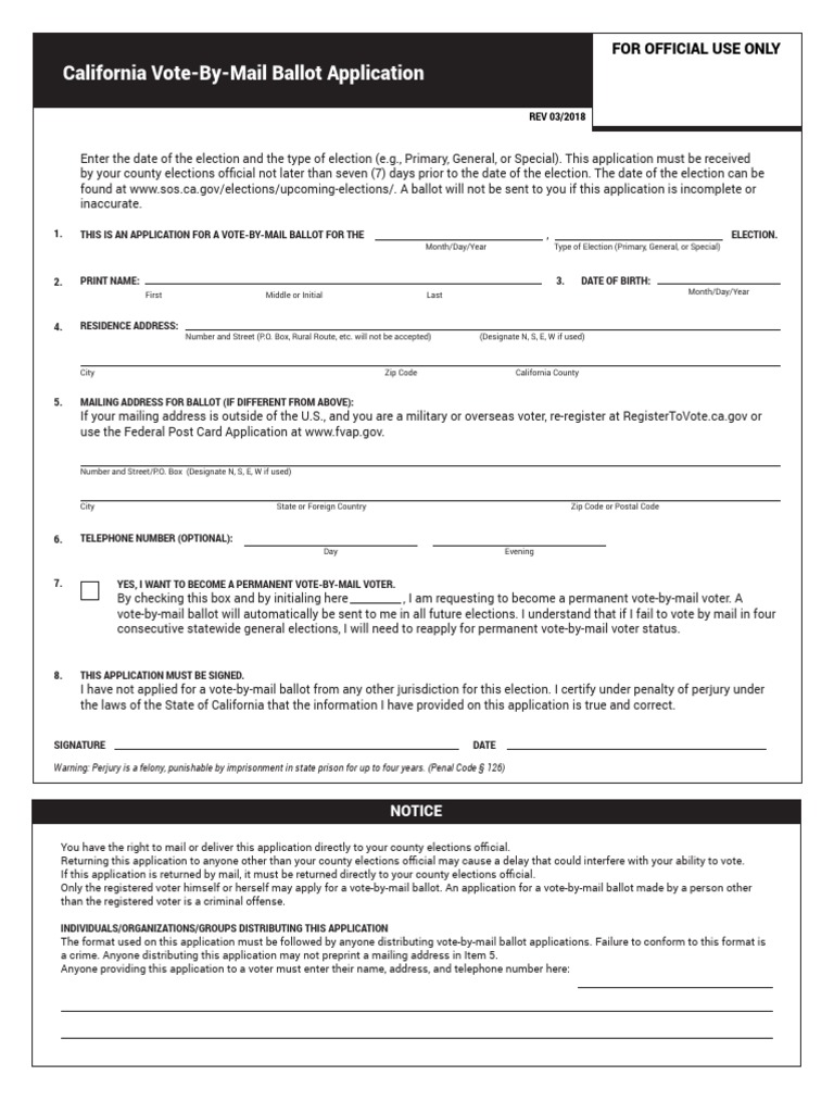 California Vote-By-Mail Ballot Application: For Official Use Only | PDF ...