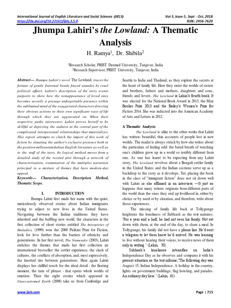 Jhumpa Lahiri's The Lowland: A Thematic Analysis | PDF