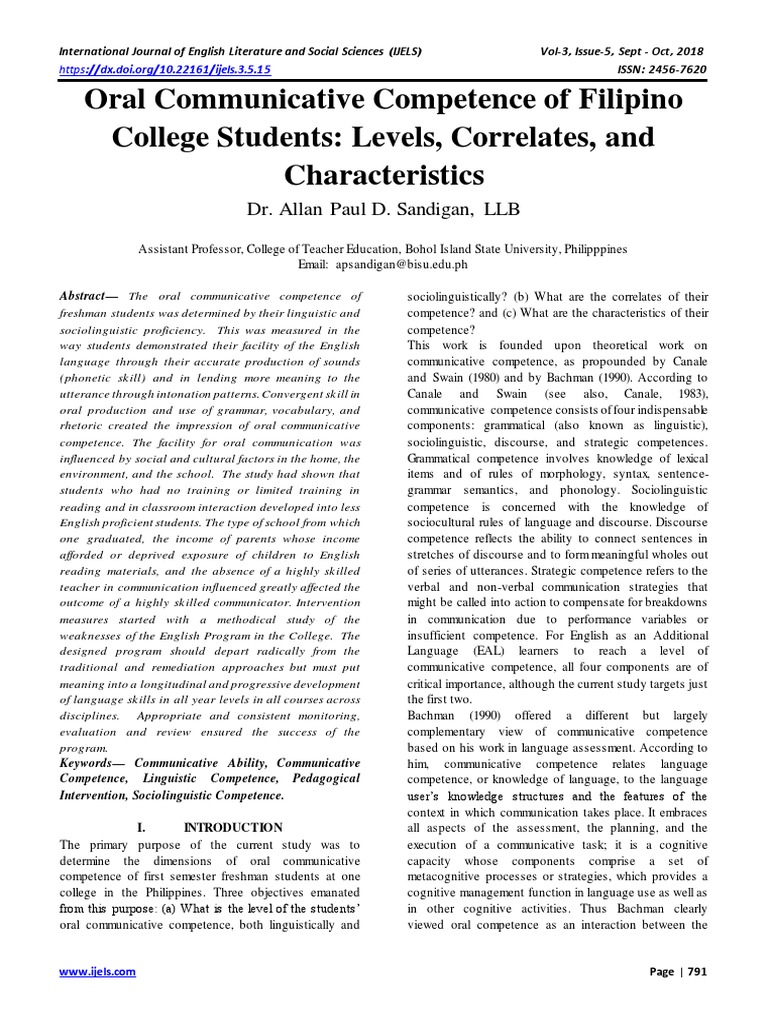 Oral Communicative Competence of Filipino College Students: Levels ...