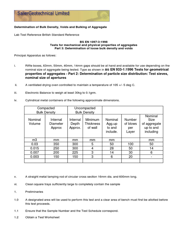 Bulk Density and Voids BS en 1097-3 1997 | PDF | Density | Physics