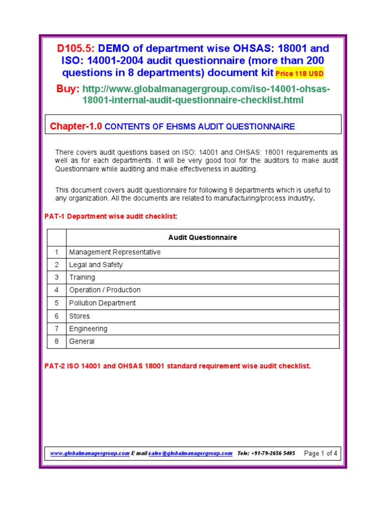 EHSMS Audit Questionnaire Checklist | PDF | International Organization ...