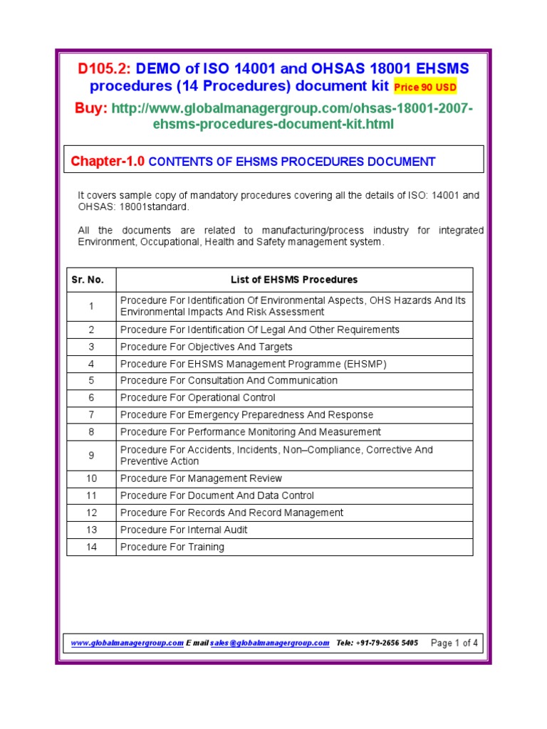 EHSMS Procedures for Manufacturers | PDF | Occupational Safety And ...