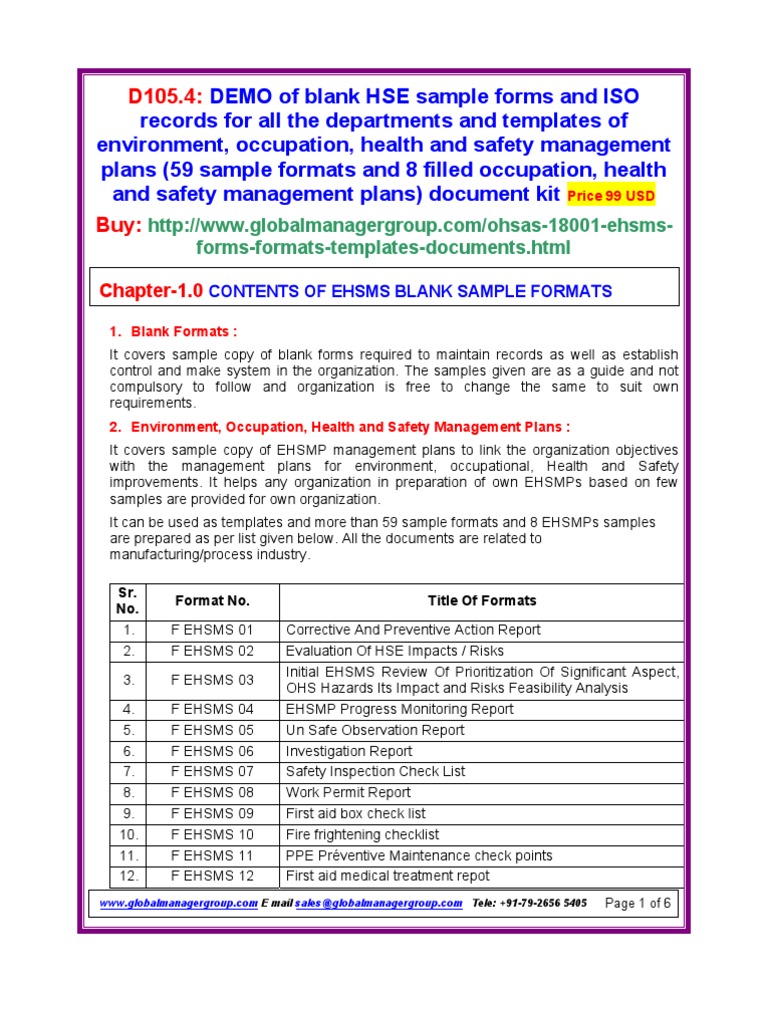 EHSMS Sample Templates Formats | PDF | Occupational Safety And Health ...