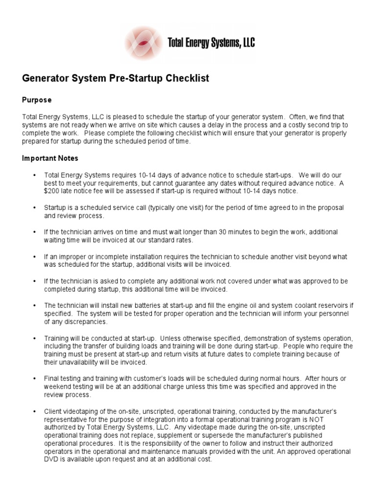 Generator System Pre-Startup Checklist: Purpose | PDF | Startup Company ...