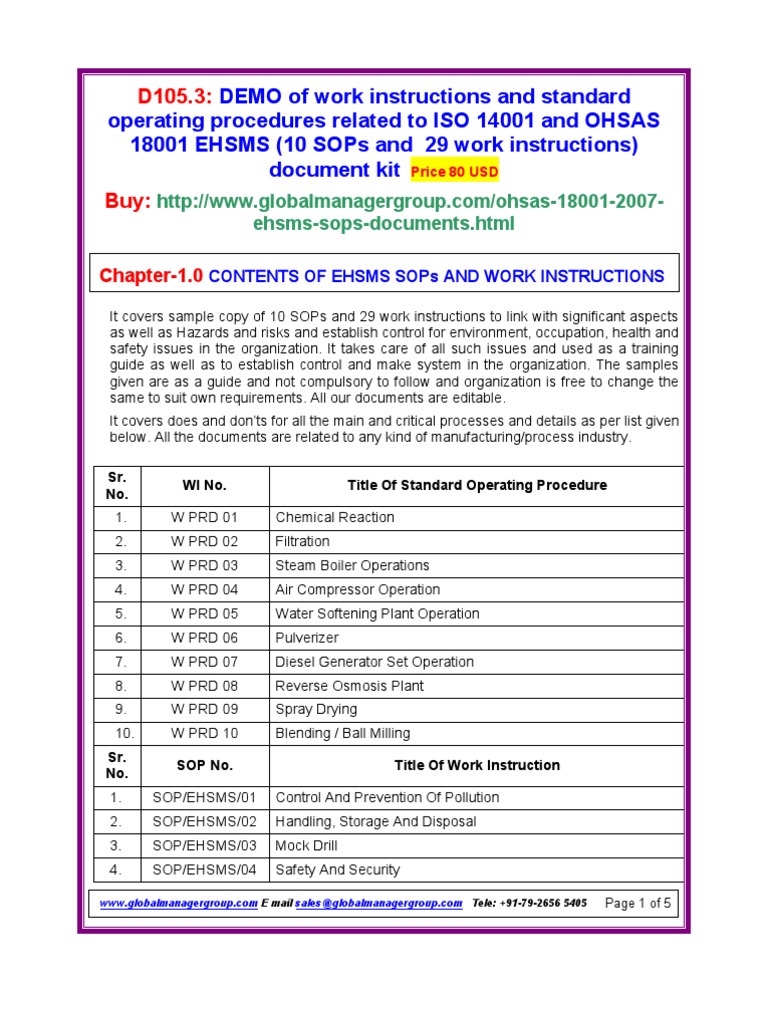 EHSMS Work Instruction and SOPs | PDF | Documentation | International ...
