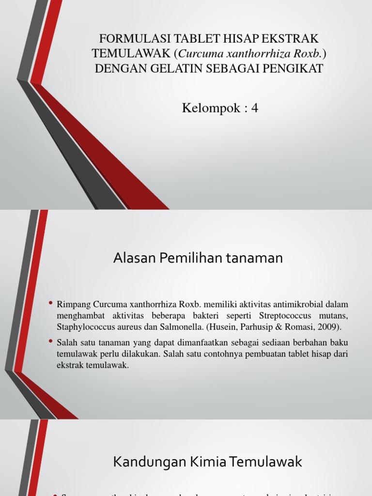 Pembuatan Tablet Hisap Ekstrak Temulawak dengan Gelatin sebagai Pengikat | PDF