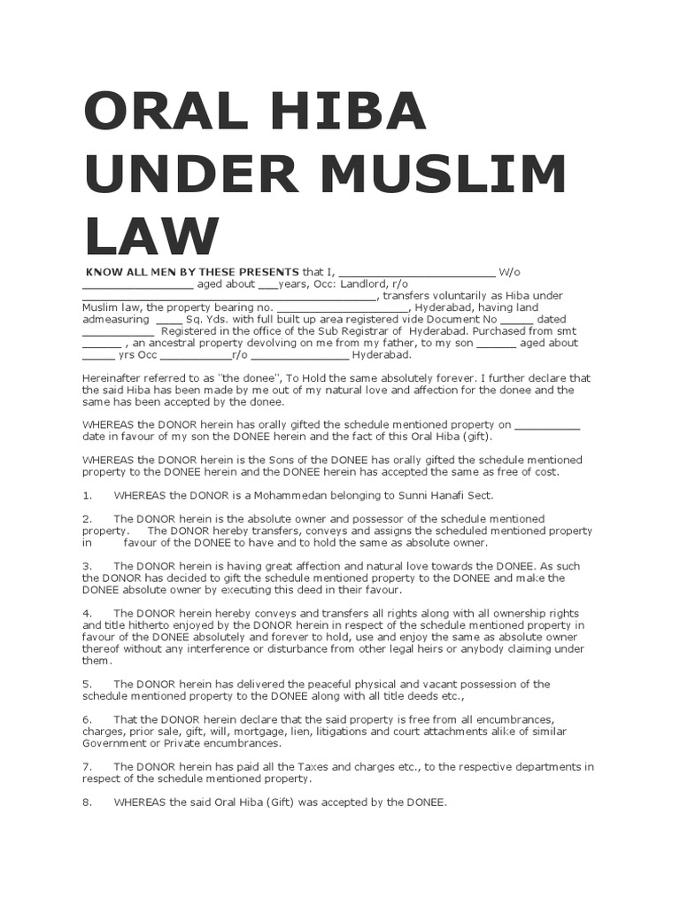 Oral Hiba Gift Deed Under Muslim Law | PDF | Deed | Property