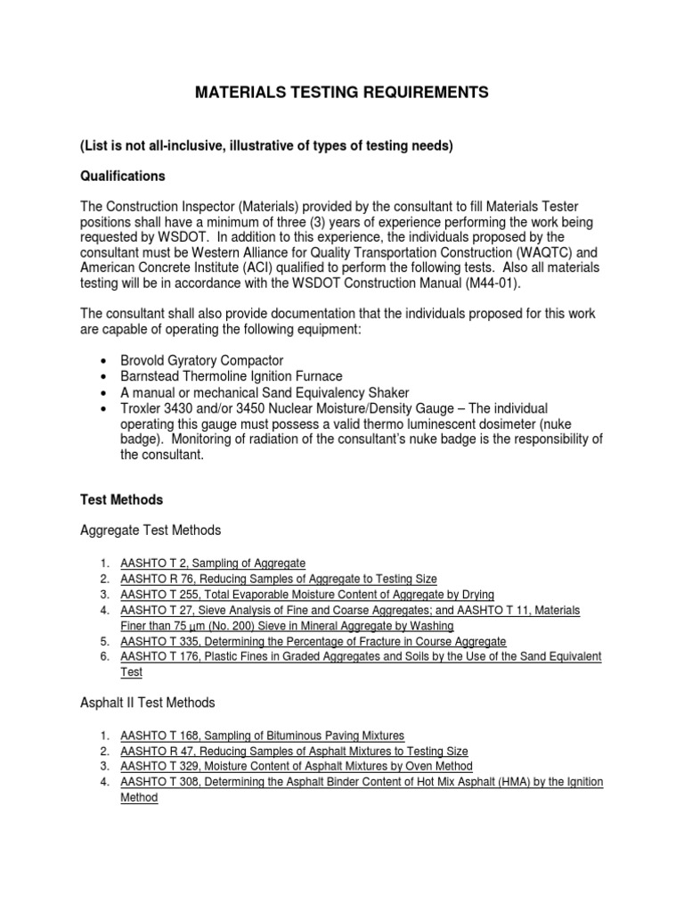 Materials Testing Requirements: (List Is Not All-Inclusive ...