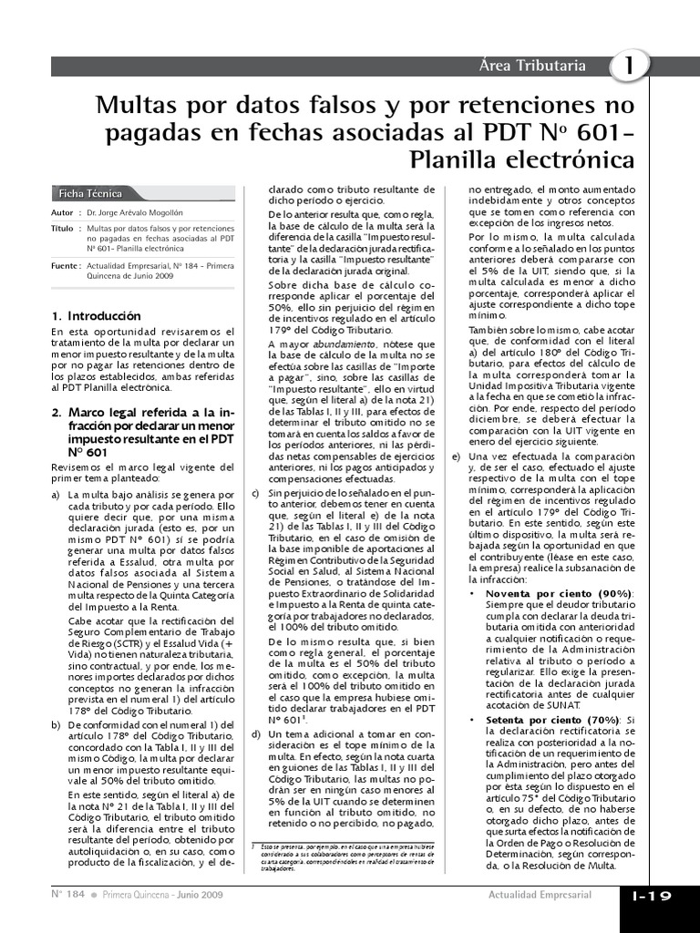 Multas Por Datos Falsos y Por Retenciones No Pagadas en Fecha Asociadas Al PDT 601 Planilla ...