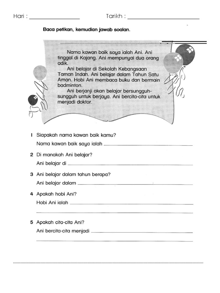 Soalan Petikan Pemahaman Tahun 1 | PDF