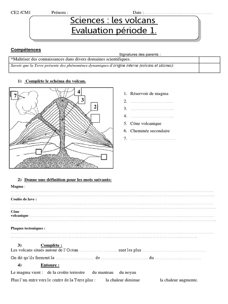 Évaluation sur les volcans CM1/CM2 | PDF | Volcan | Lave
