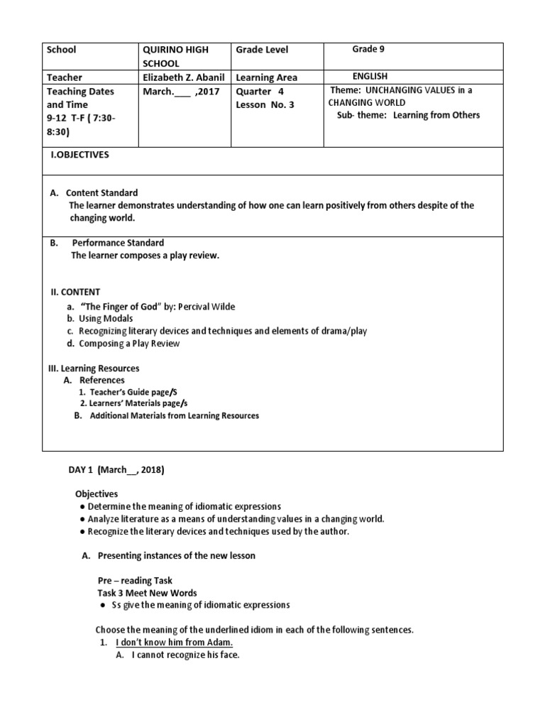 Quarter 4 Grade 9 Lesson 3 | PDF | Idiom | Lesson Plan