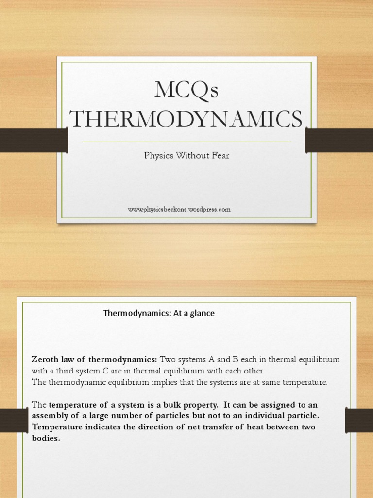 Thermodynamics Mcqs | PDF | Temperature | Heat