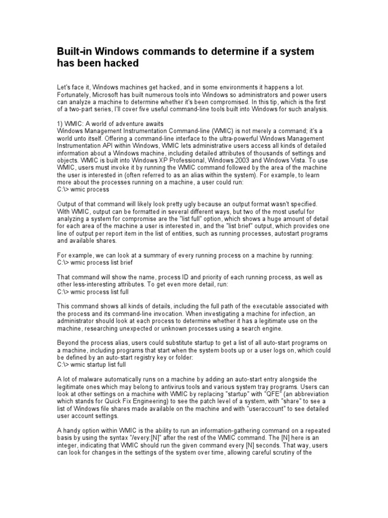 Built-In Windows Commands To Determine If A System Has Been Hacked | PDF | Windows Registry ...