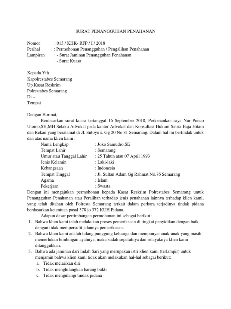 Surat Permohonan Penangguhan Penahanan | PDF