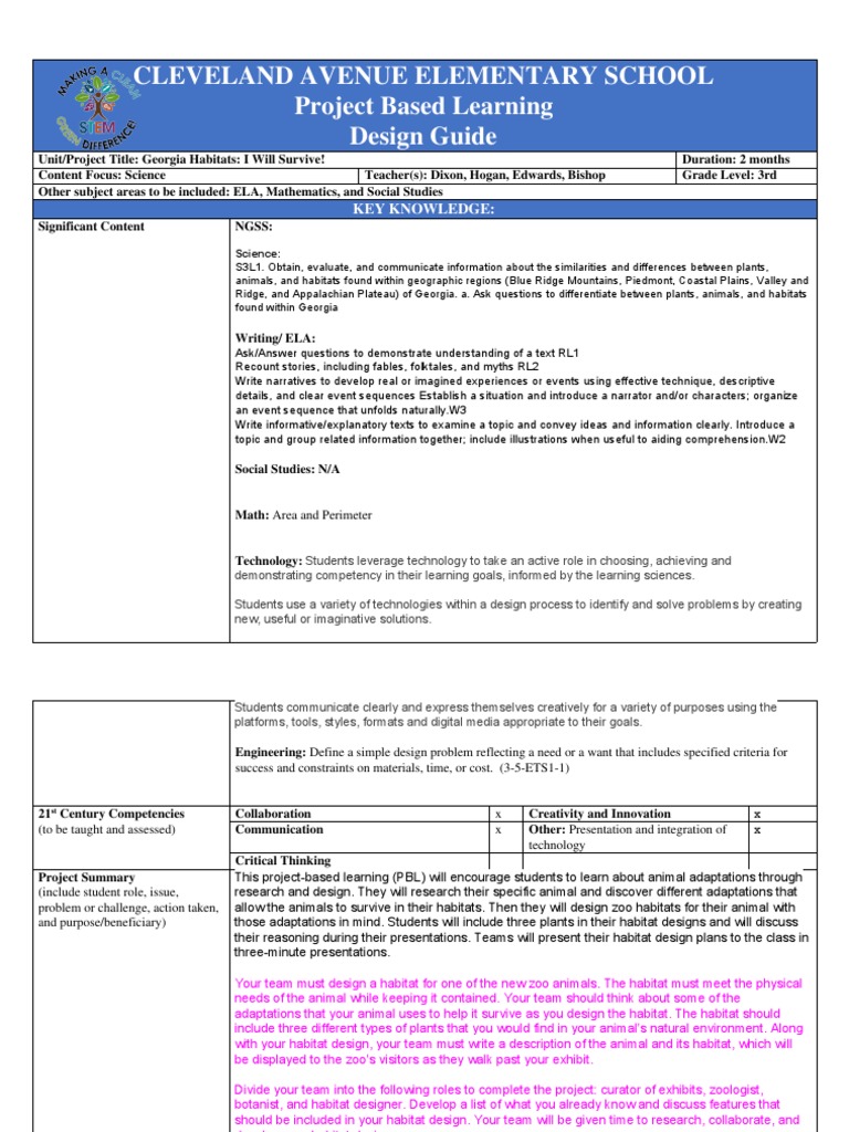 Unit 1-3rd Grade 2018-2019 PBL Template | PDF | Project Based Learning ...