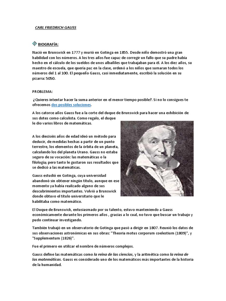 Biografía y aportes de Carl Friedrich Gauss | PDF | Axioma | Enseñanza ...