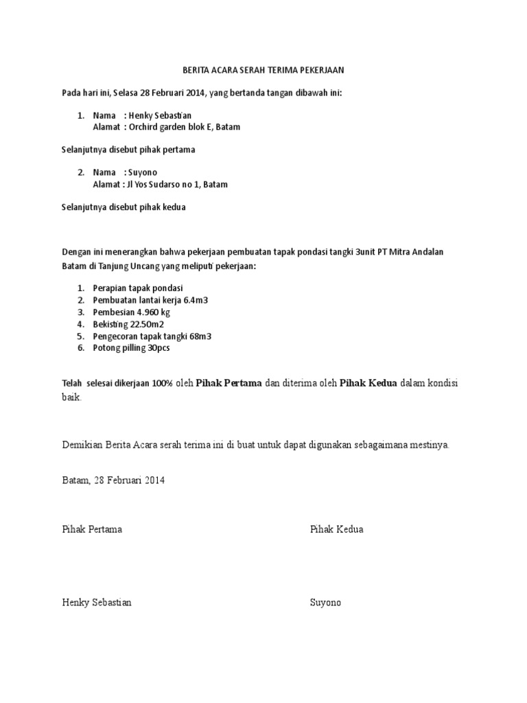 Berita Acara Serah Terima Pekerjaan Tapak Tangki | PDF