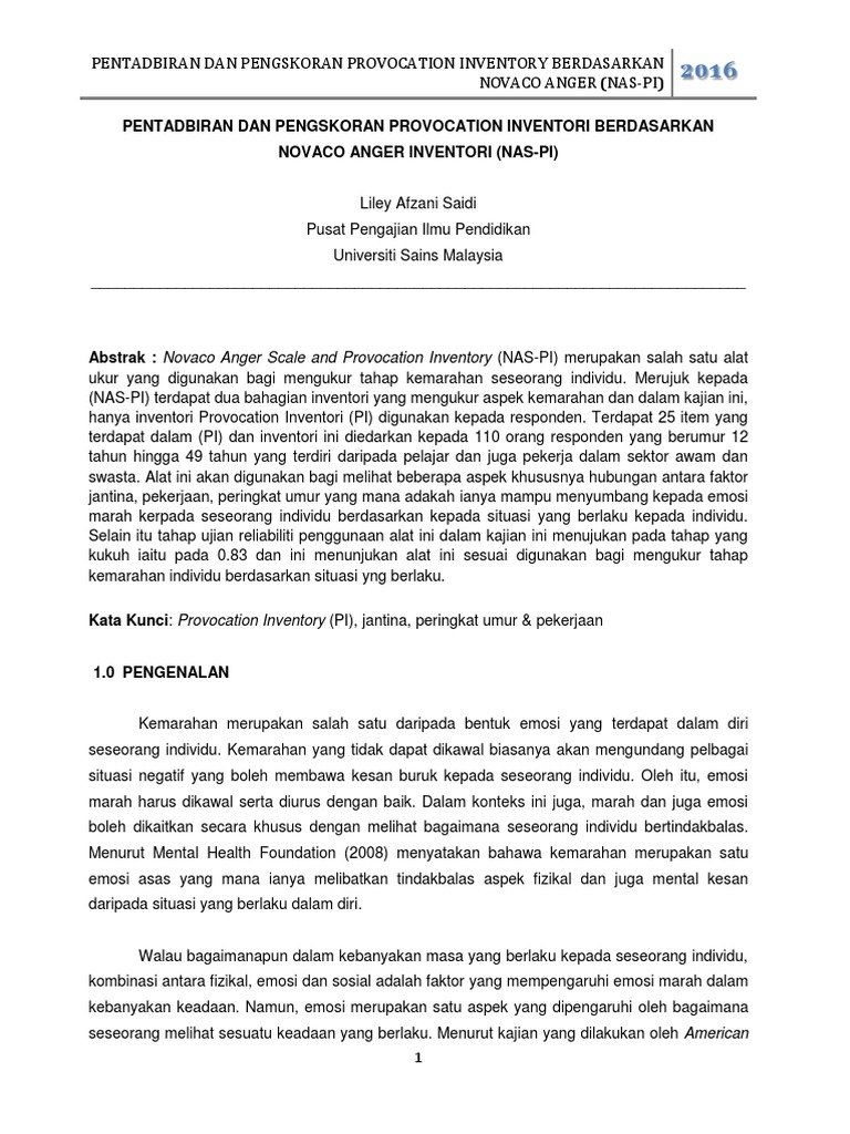 PENTADBIRAN DAN PENGSKORAN PROVOCATION INVENTORI BERDASARKAN Baru | PDF
