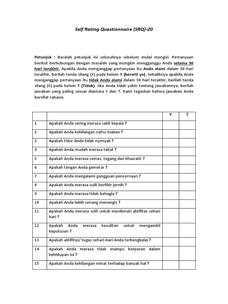 Self Rating Questionnaire (SQR - 20) | PDF