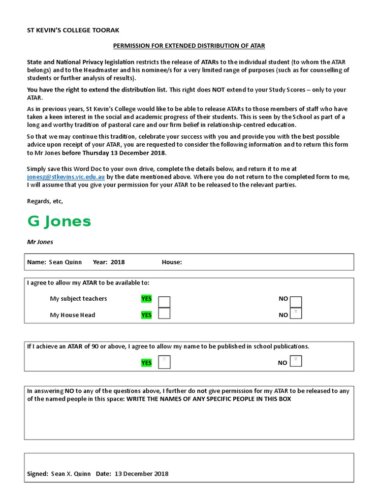 ATAR Distribution Permission Form | PDF