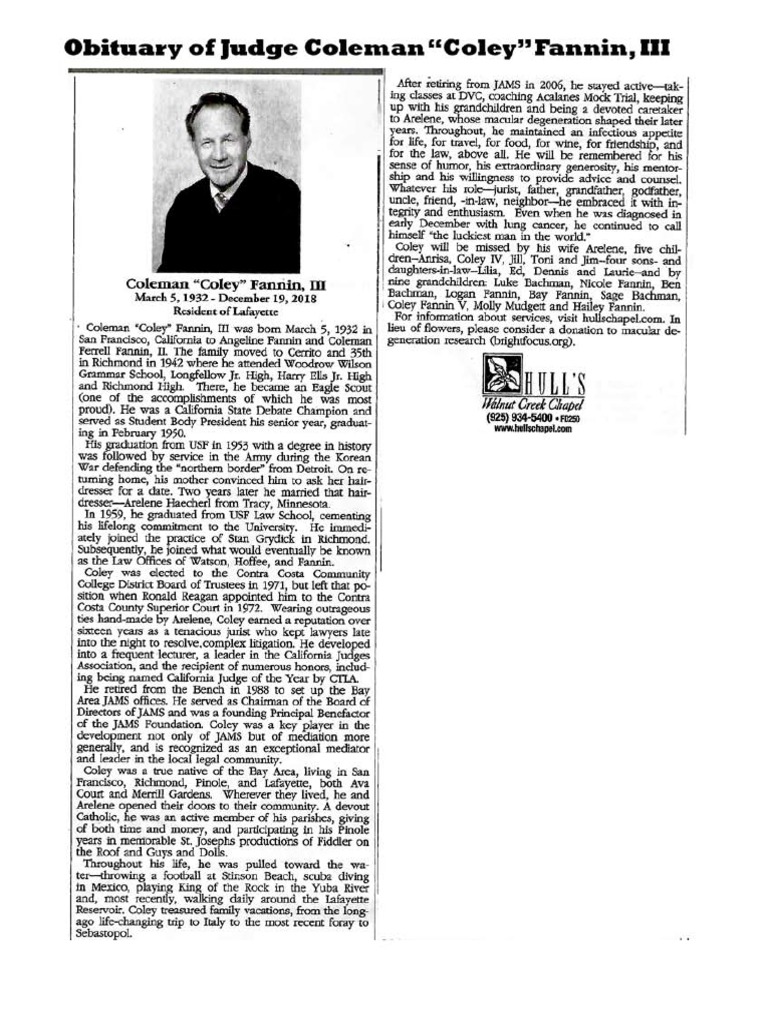 Obituary of Ret. Judge Coleman "Coley " Fannin, Former Contra Costa ...