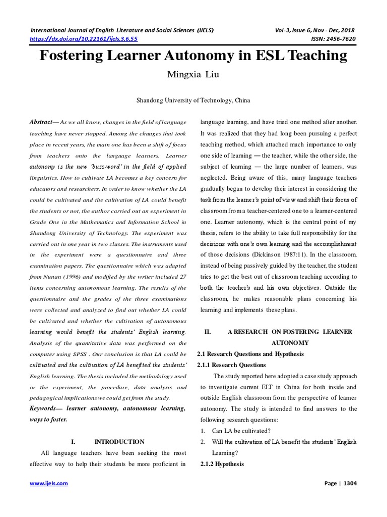 Fostering Learner Autonomy in ESL Teaching | PDF | Teaching Method | Learning
